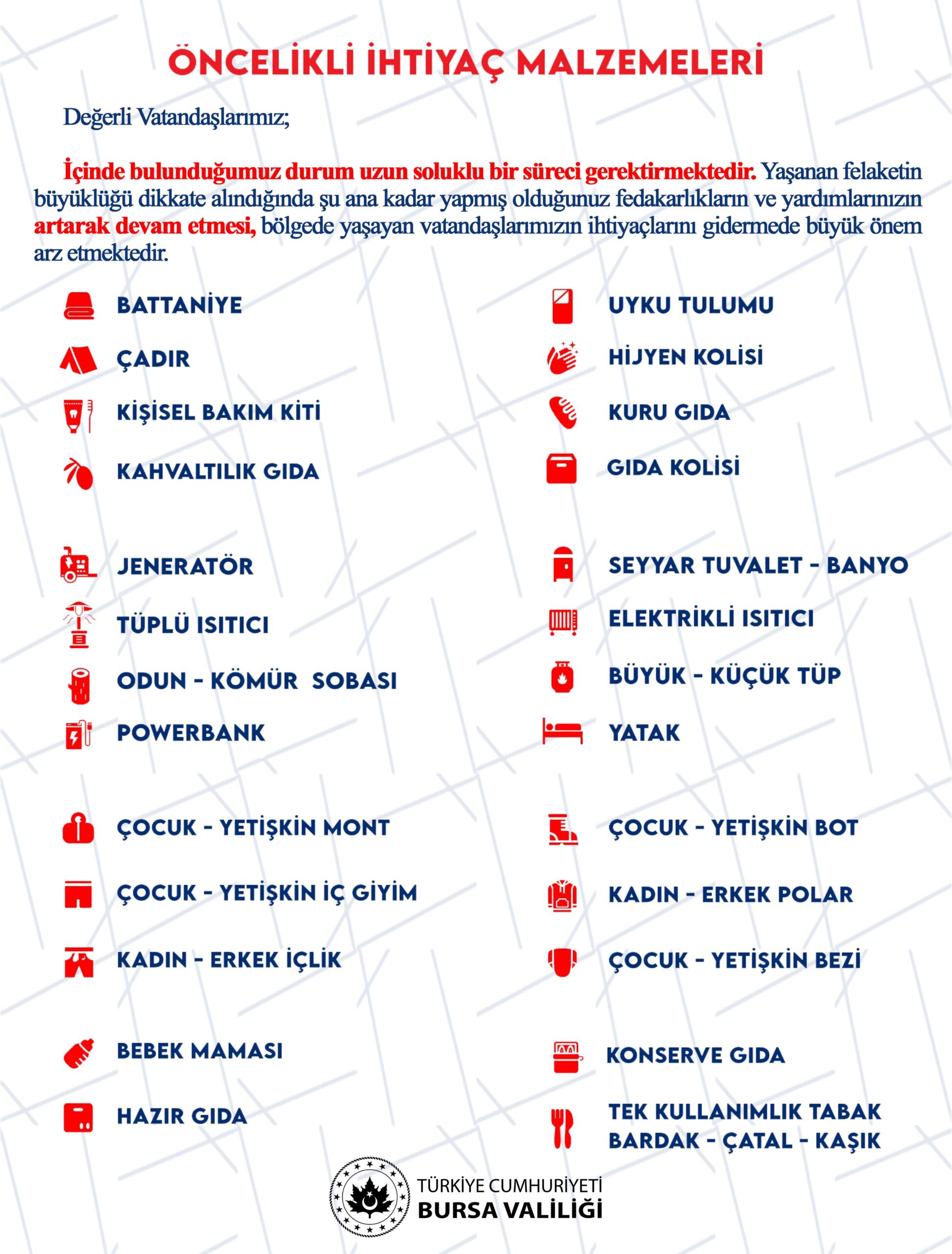 Bursa Valiliği'nden acil ihtiyaç duyurusu! - Olay Gazetesi Bursa